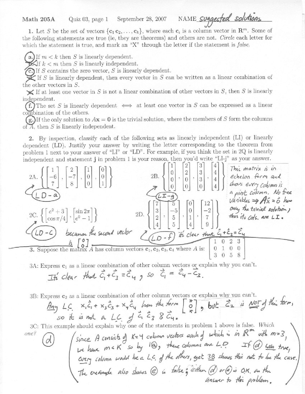 Zero Vector Linear Algebra Quiz Solution Docsity