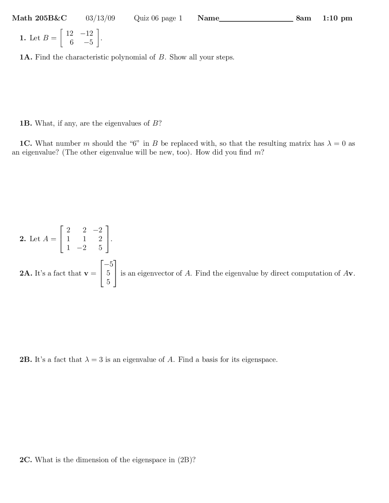 Resulting Matrix Linear Algebra Quiz Docsity