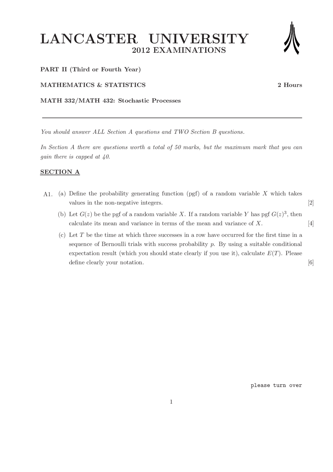 Probability Generating - Stochastic Processes - Exam - Docsity