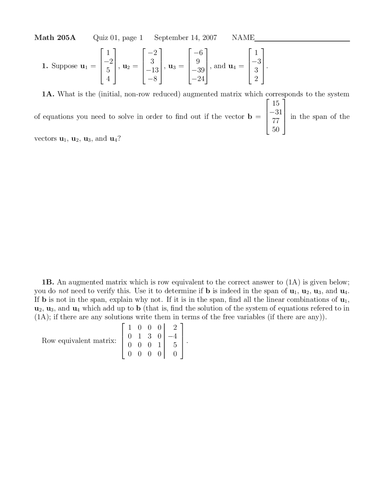 Non Row Reduced Linear Algebra Quiz Docsity