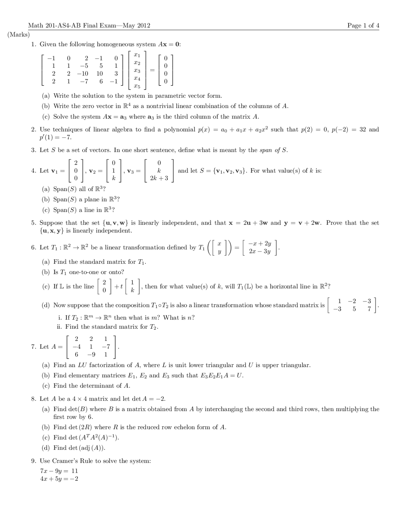 Polynomial Linear Algebra For Arts And Sciences Exam Docsity