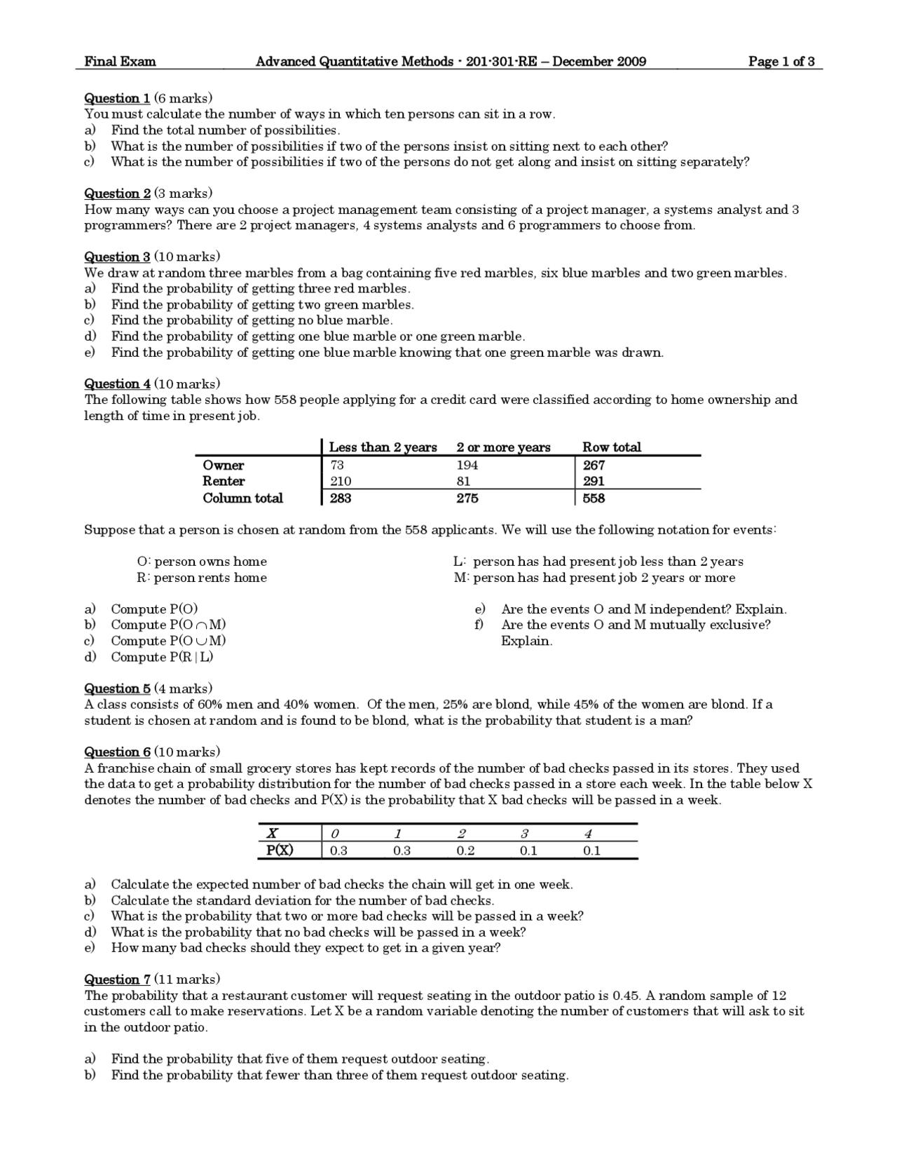 Random - Advanced Quantitative Methods - Exam - Docsity