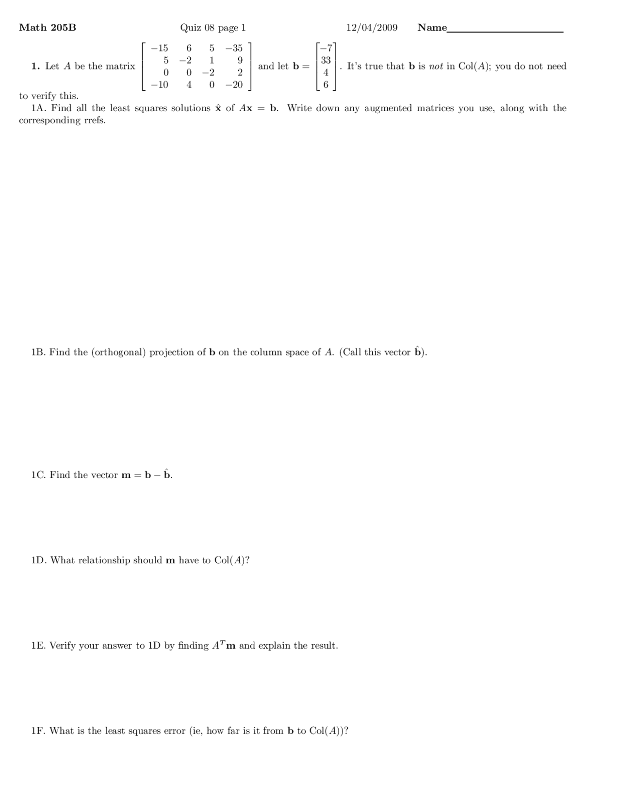 Least Squares Solutions Linear Algebra Quiz Docsity