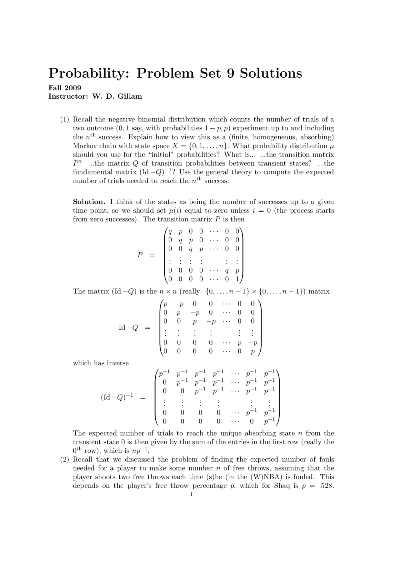 Transition Probabilities - Probability - Solved Exam - Docsity