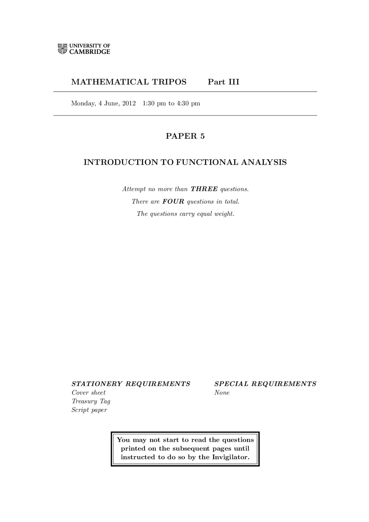 Introduction To Functional Analysis Mathematical Tripos Paper Docsity