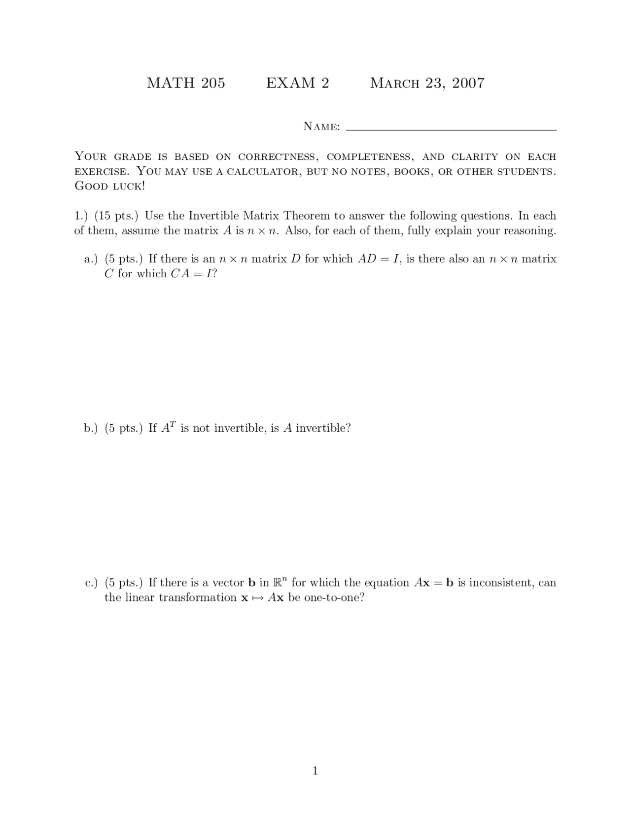Invertible Matrix Theorem Linear Algebra Exam Docsity