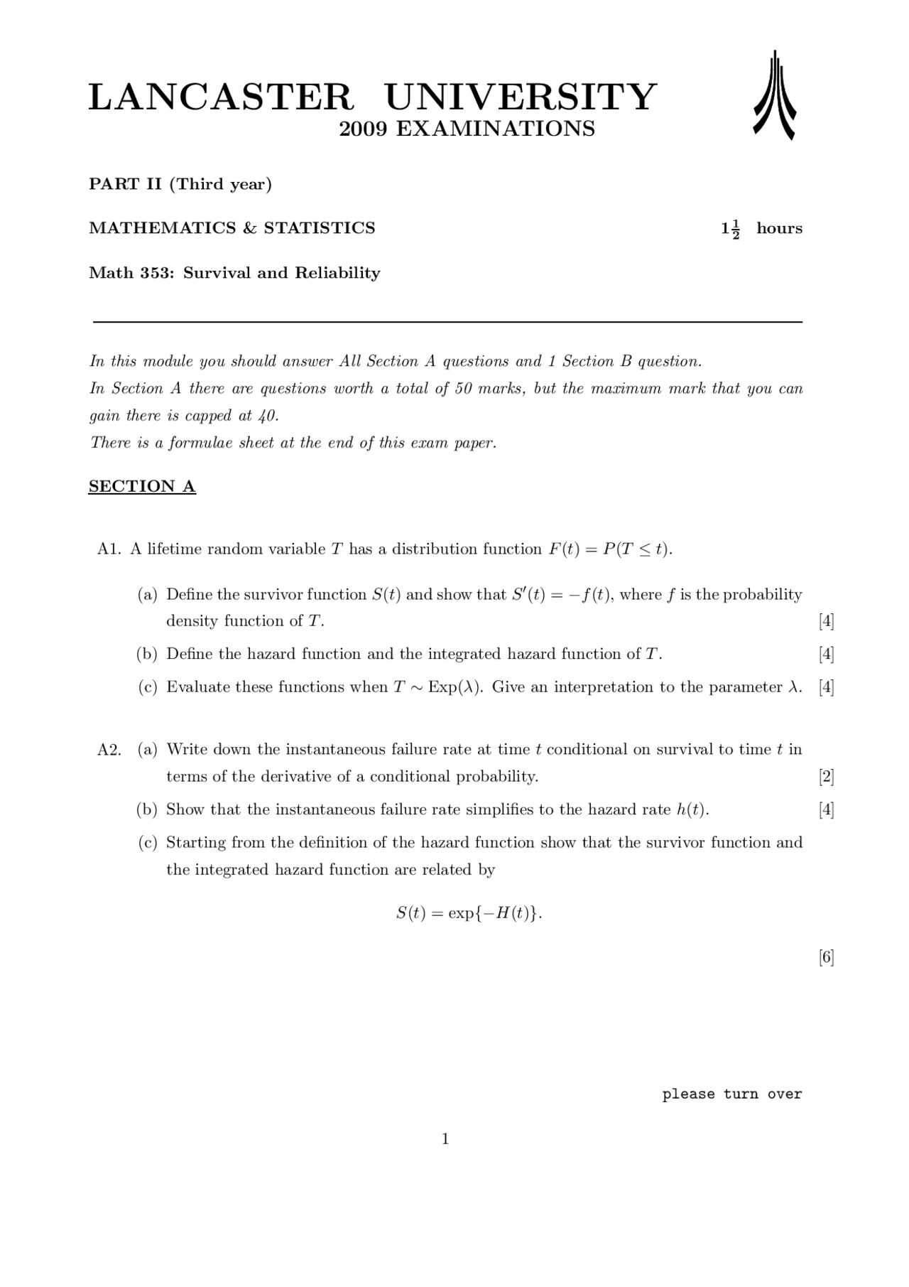 Distribution Function Survival And Reliability Exam Docsity