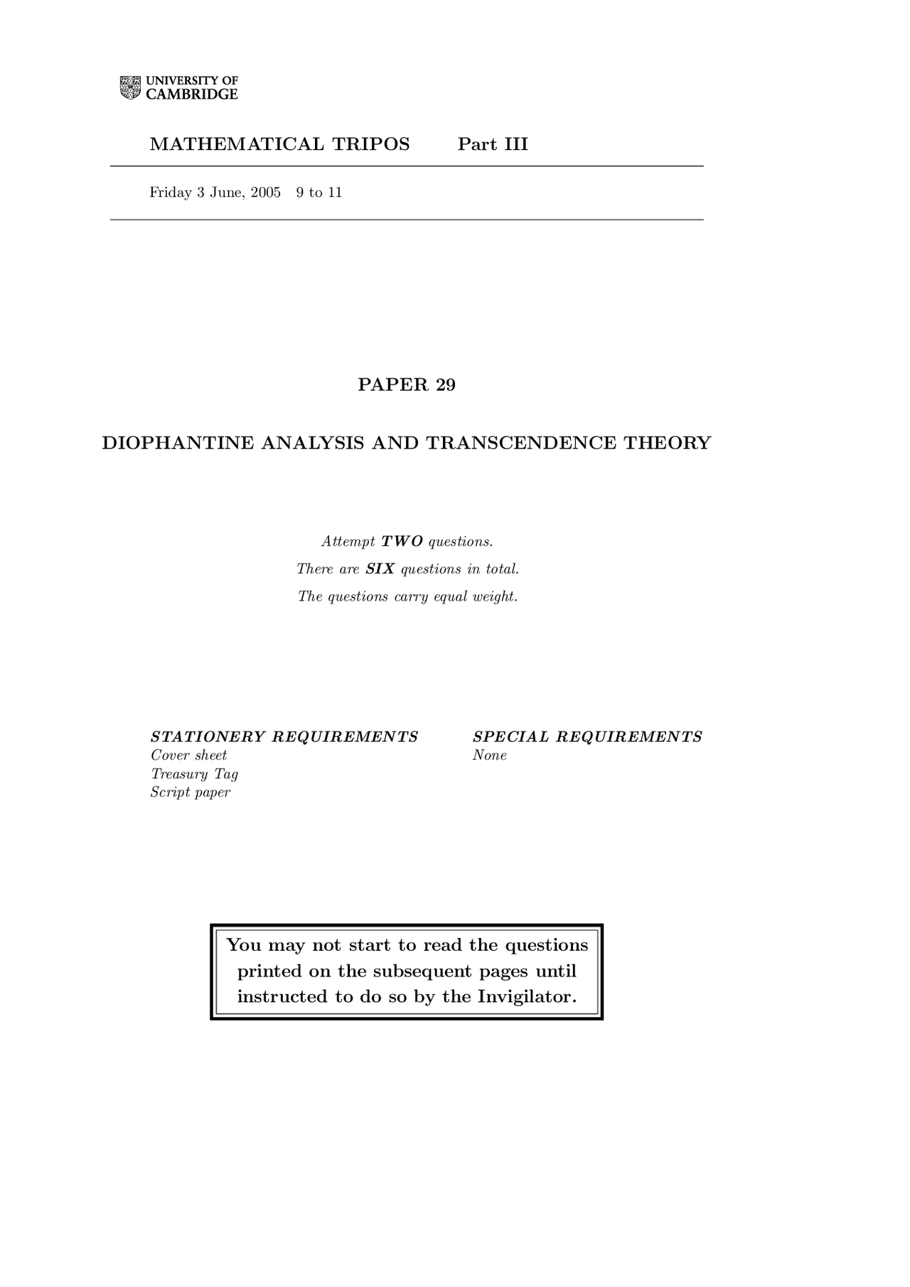 Diophantine Analysis And Transcendence Theory Mathematical Tripos