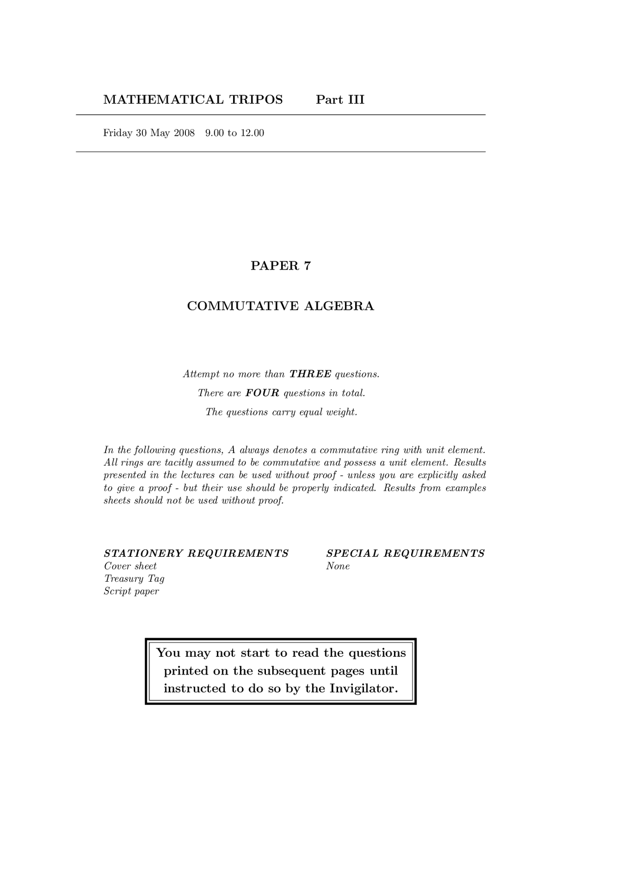 Commutative Algebra Mathematical Tripos Old Exam Paper Docsity
