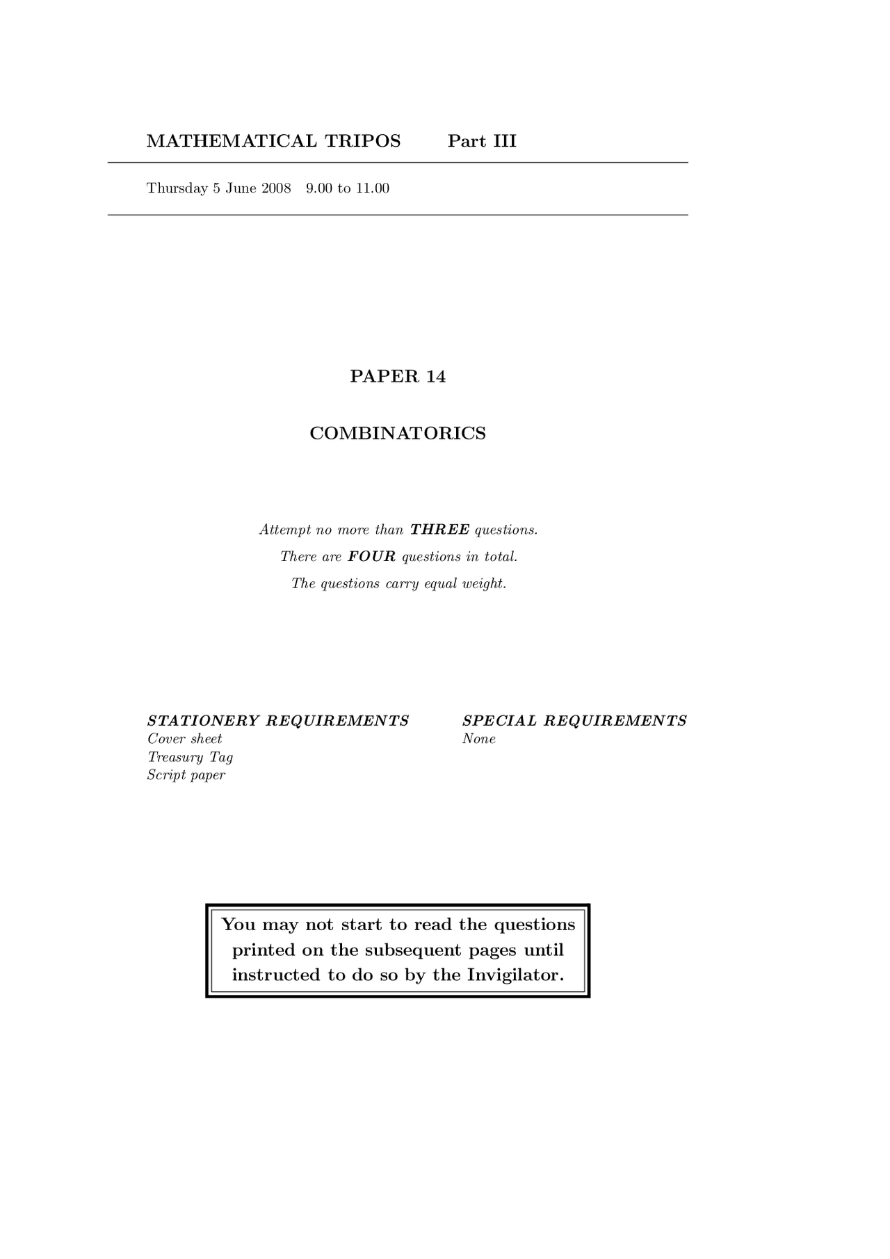 Combinatorics Mathematical Tripos Old Exam Paper Docsity