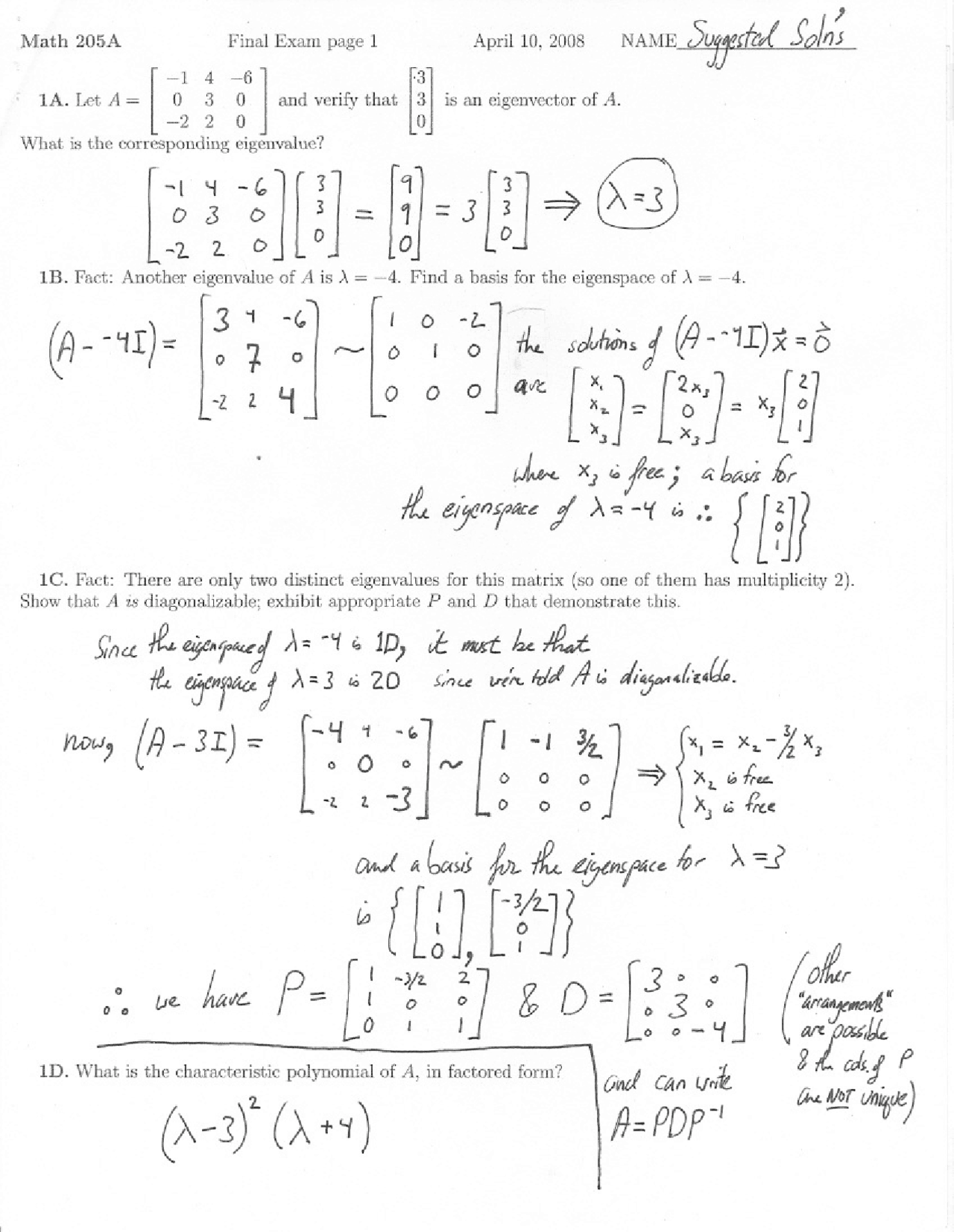 Corresponding Eigenvalue - Linear Algebra - Solved Exam - Docsity