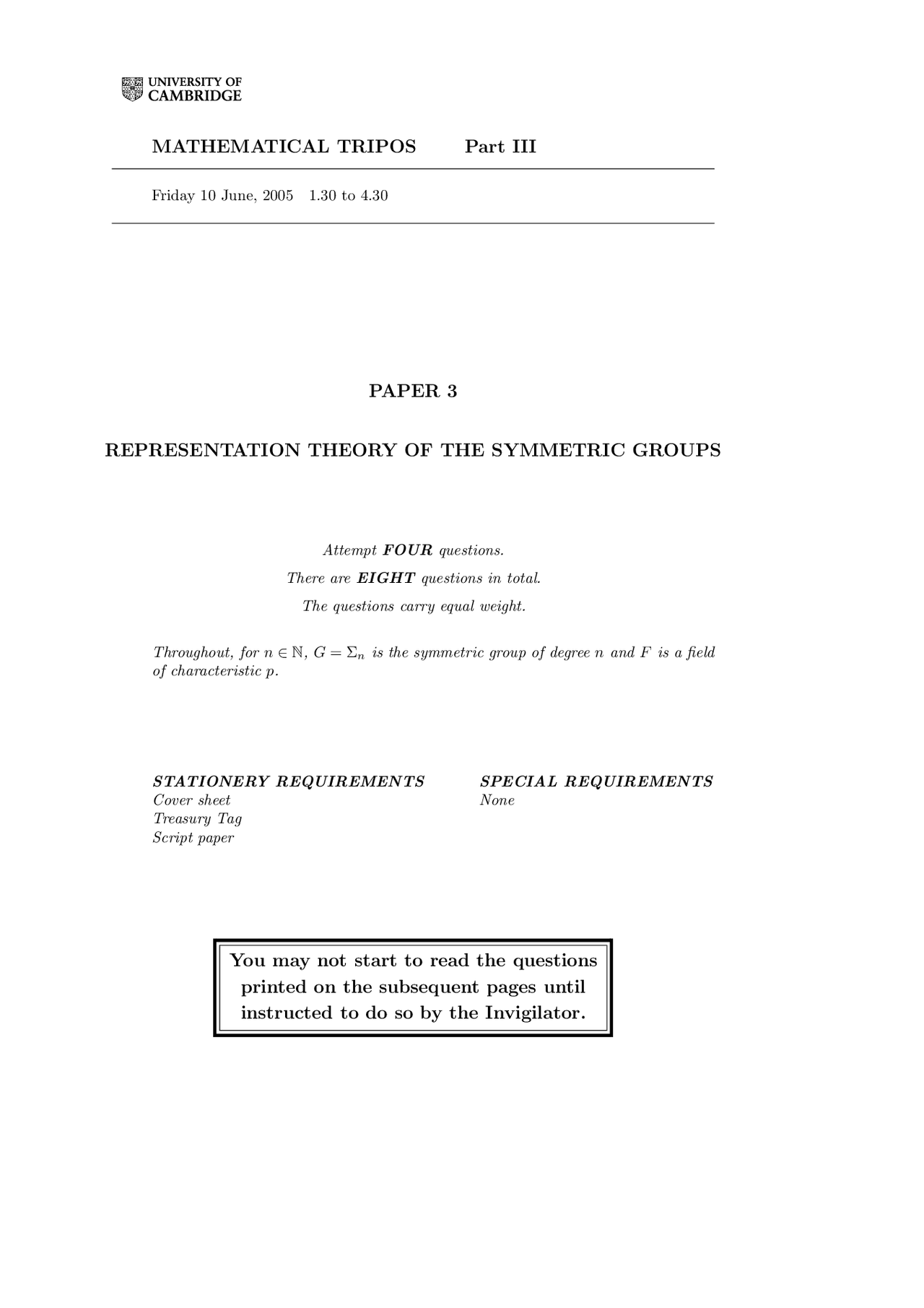 Representation Theory Of Symmetric Groups Mathematical Tripos Past