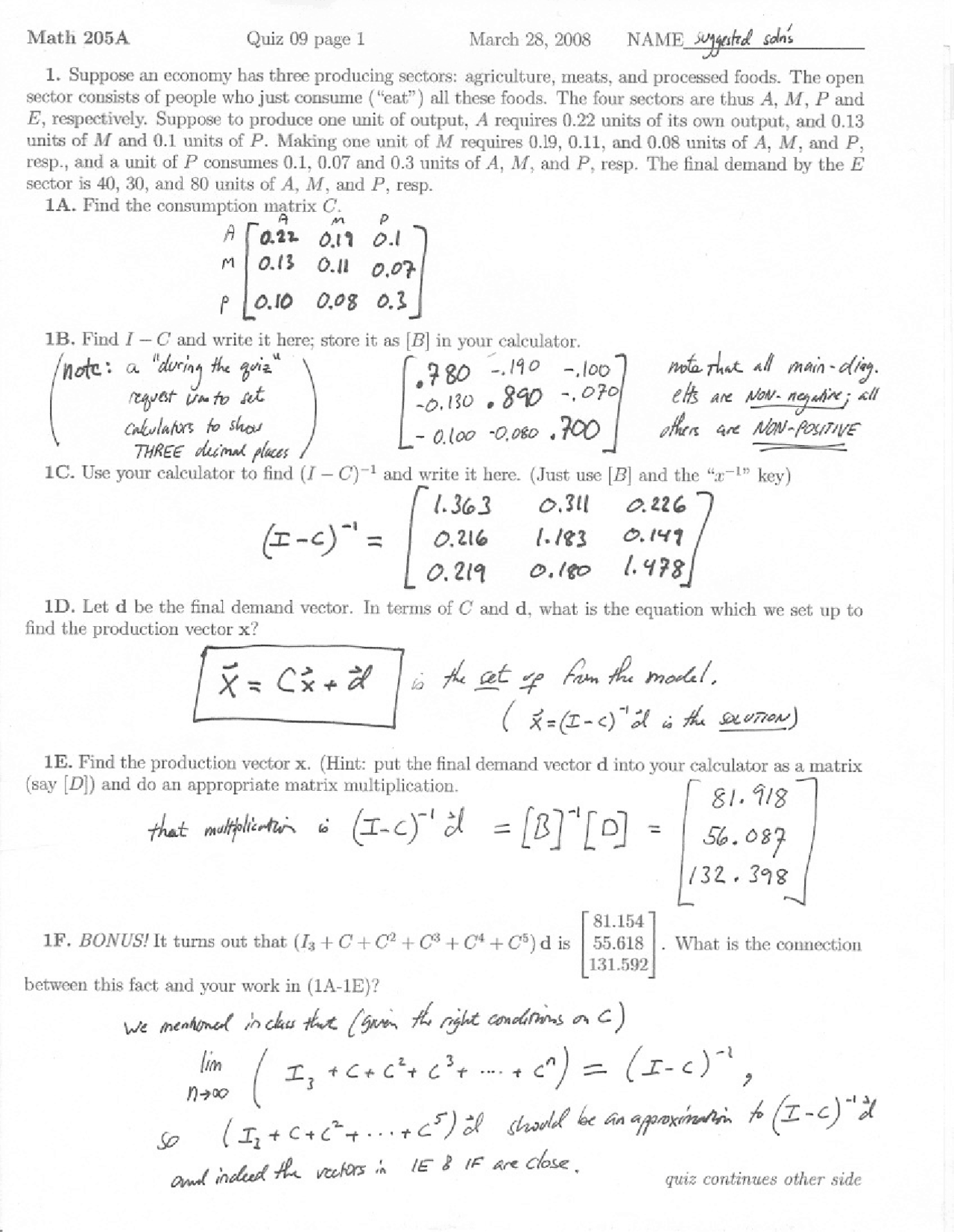 Consumption Matrix Linear Algebra Quiz Solution Docsity
