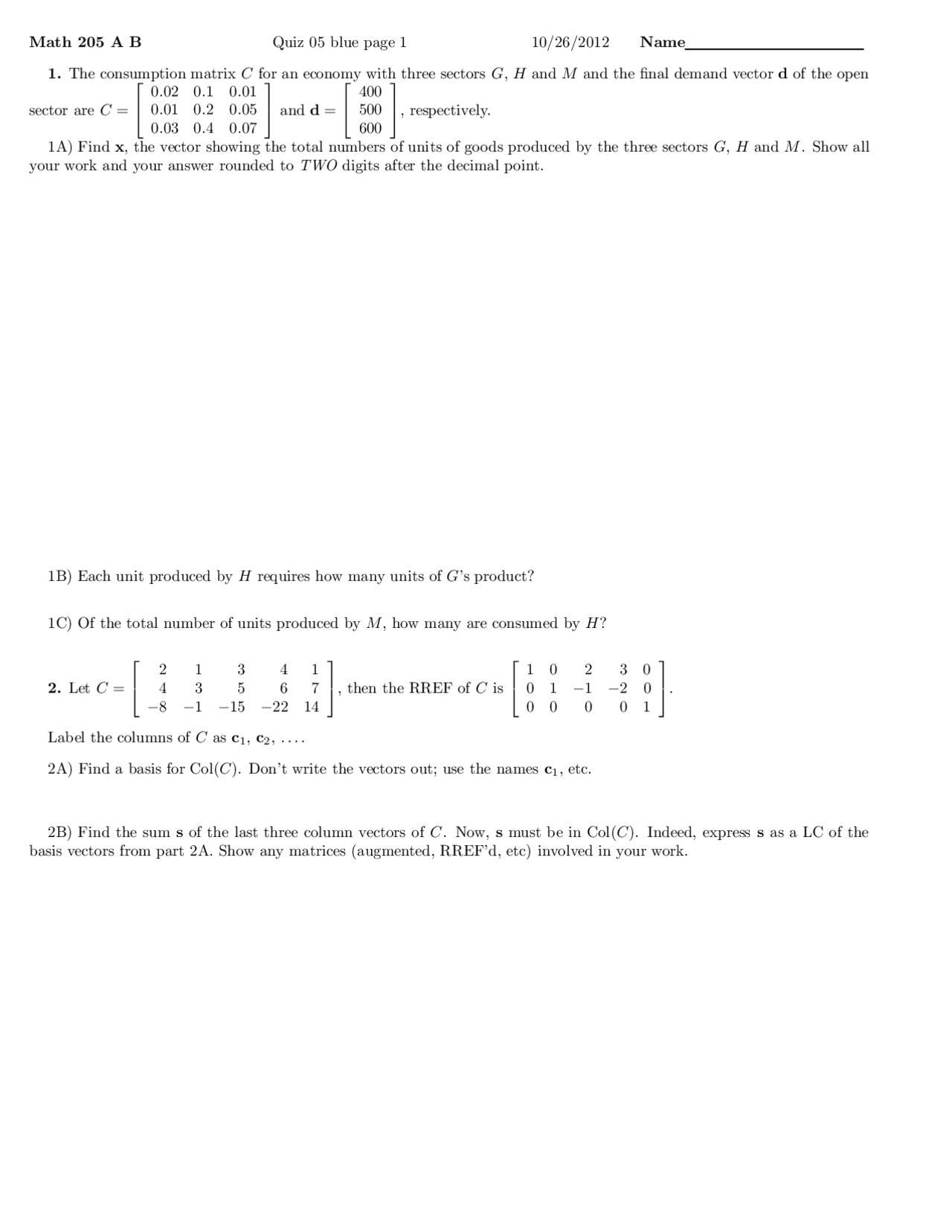 Vector Showing Linear Algebra Quiz Docsity