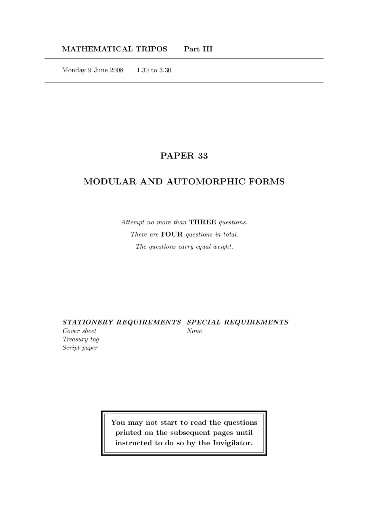 Modular Forms and Automorphic Forms - Mathematical Tripos - Old Exam ...