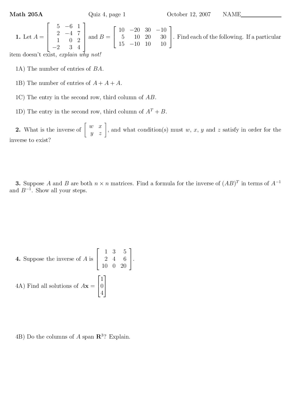 Second Row Linear Algebra Quiz Docsity