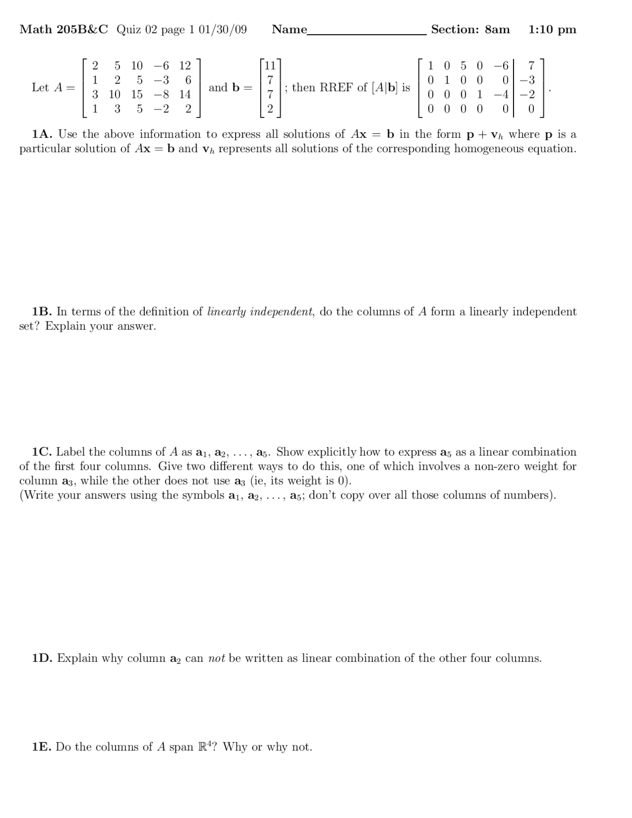 Information Linear Algebra Quiz Docsity