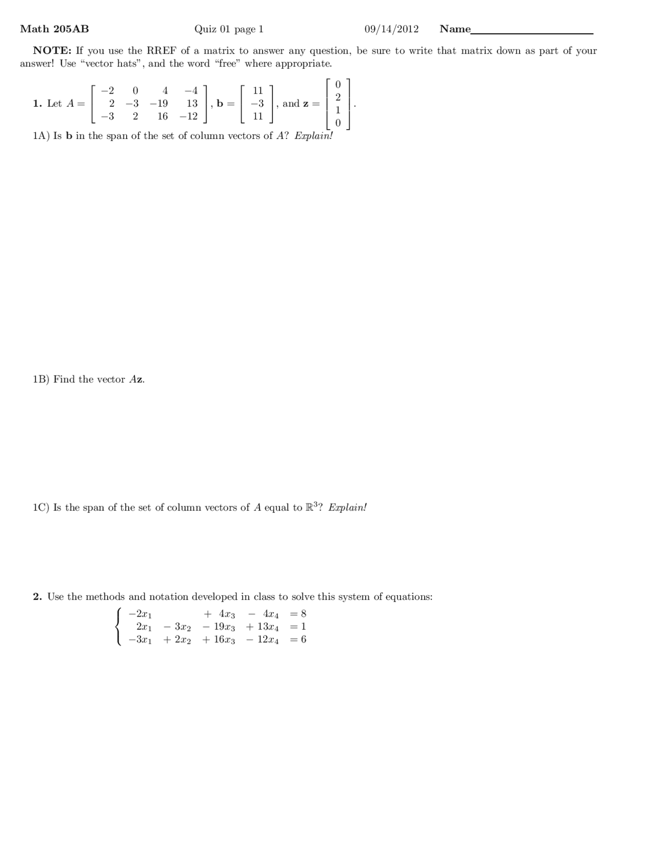 Set Of Column Linear Algebra Quiz Docsity