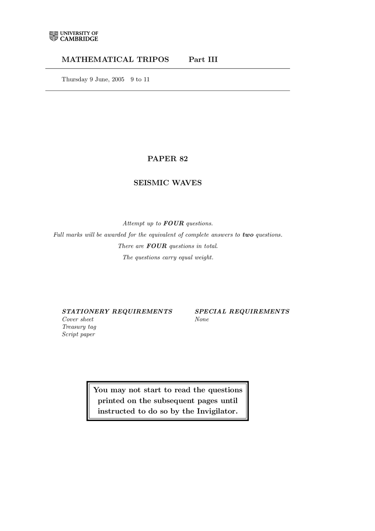 Seismic Waves Mathematical Tripos Past Exam Docsity