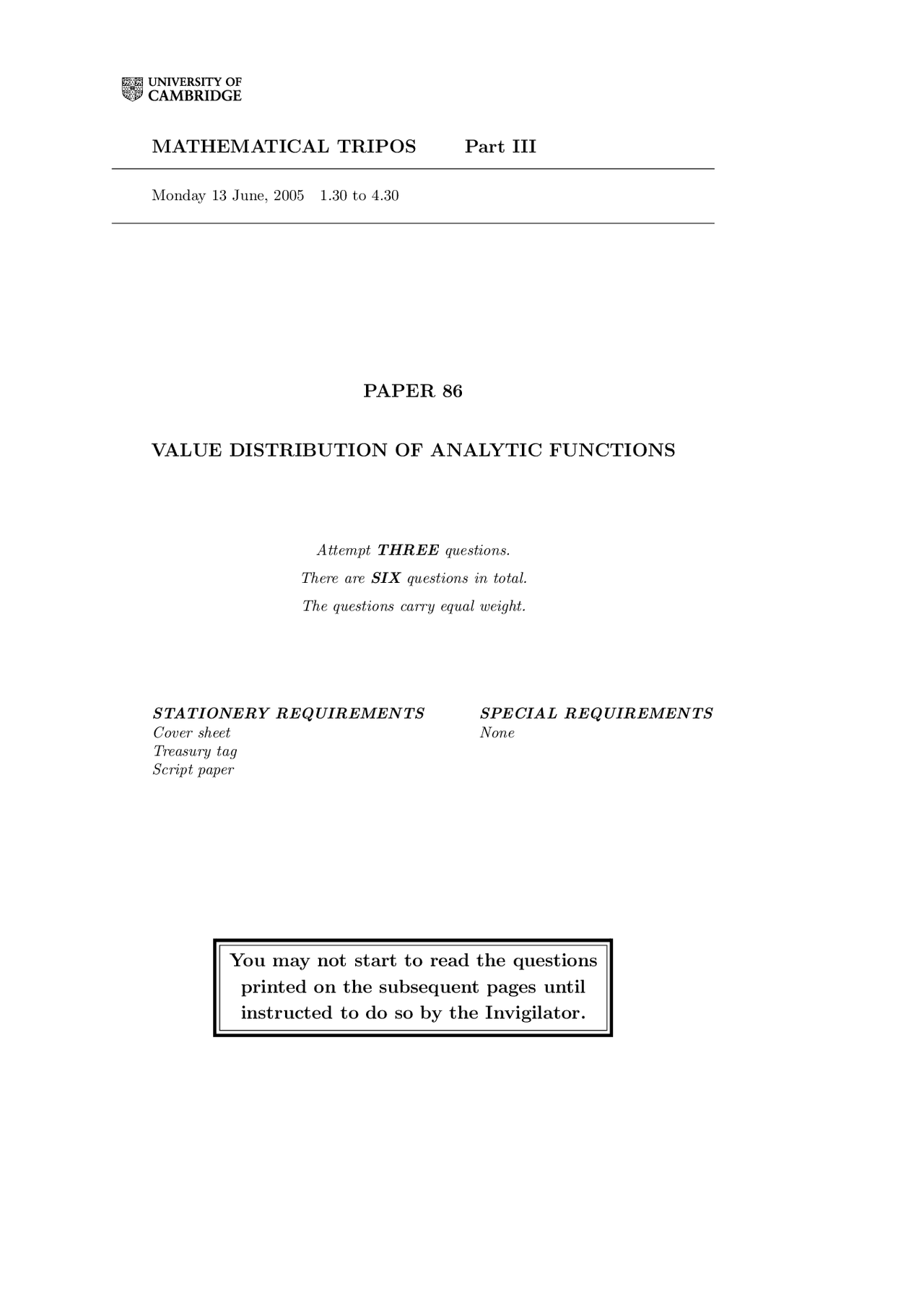 The Value Distribution Of Analytic Functions Mathematical Tripos