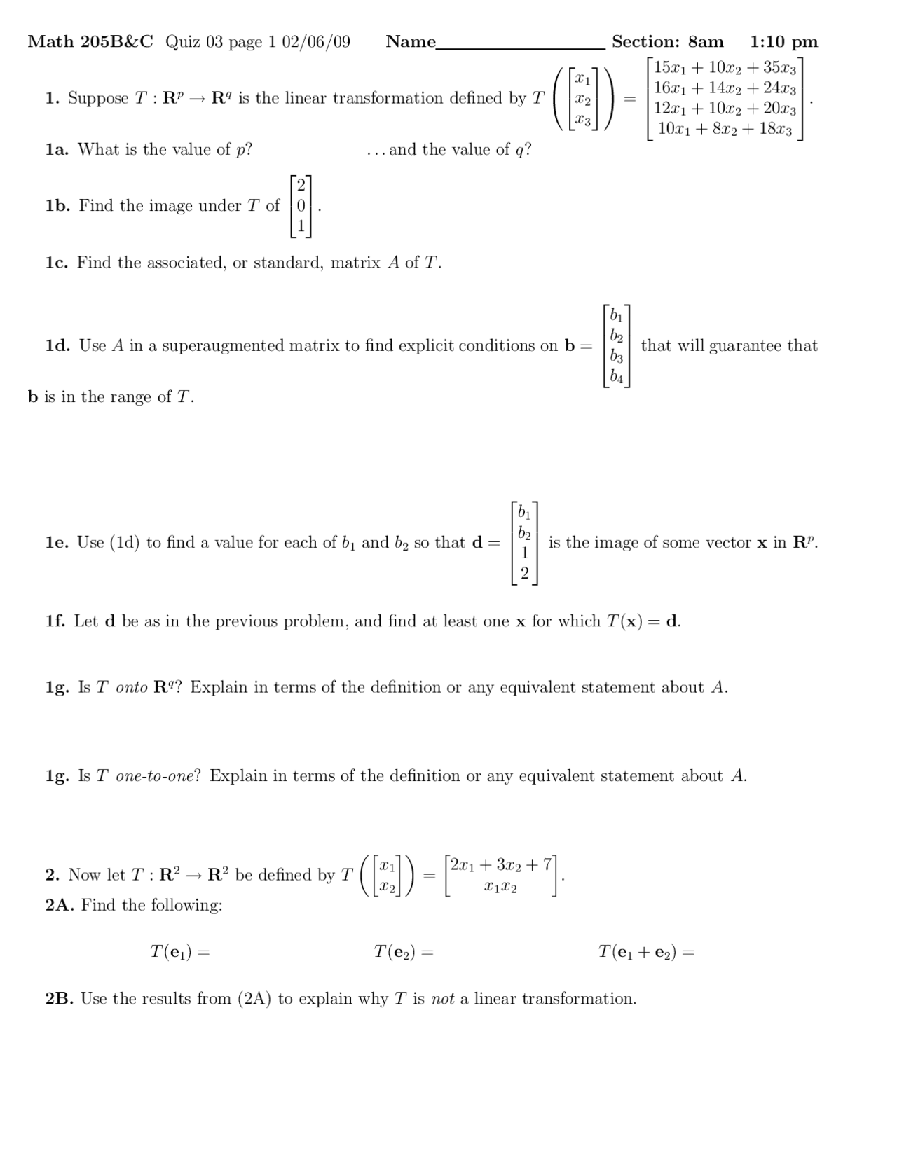 Explicit Conditions Linear Algebra Quiz Docsity