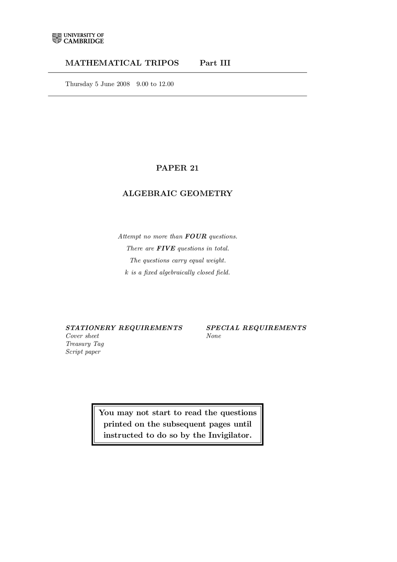 Algebraic Geometry Mathematical Tripos Old Exam Paper Docsity