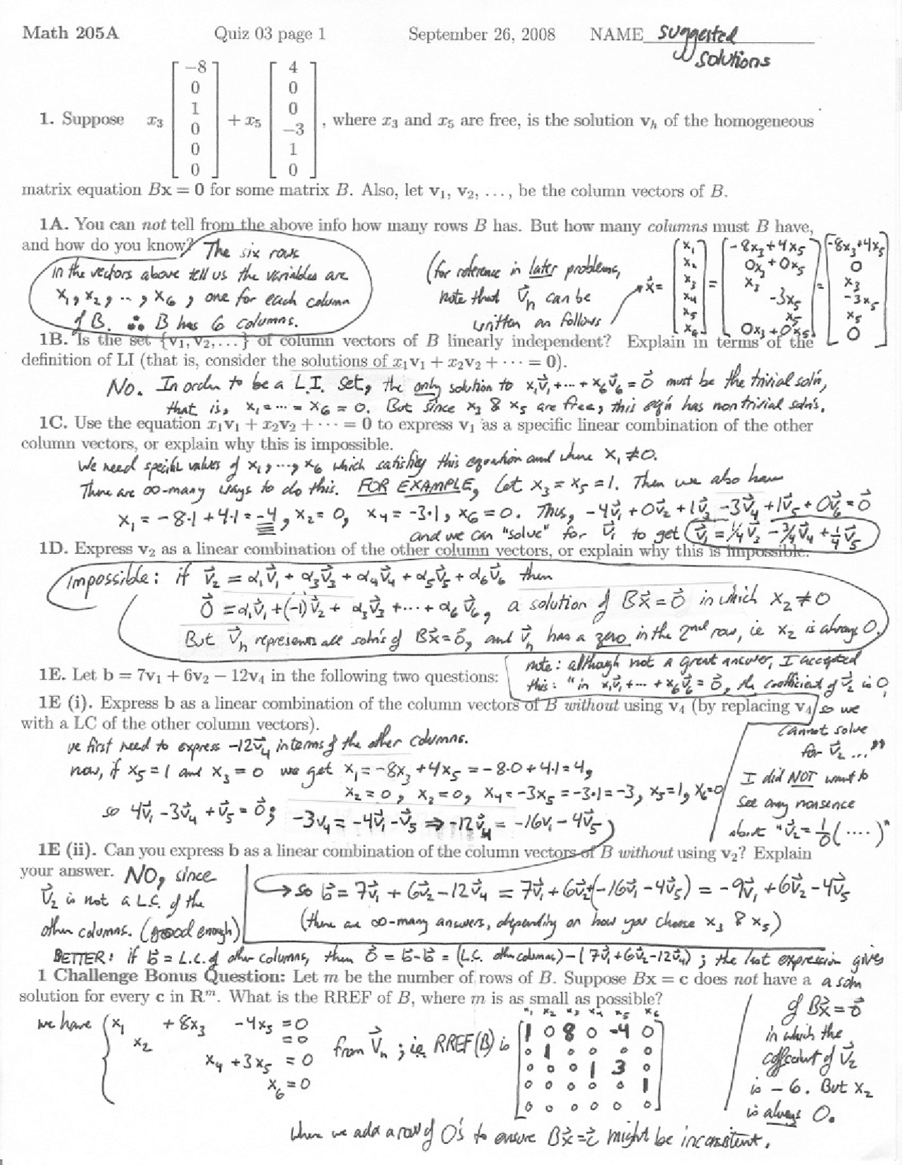 Specific Linear Combination Linear Algebra Quiz Solution Docsity
