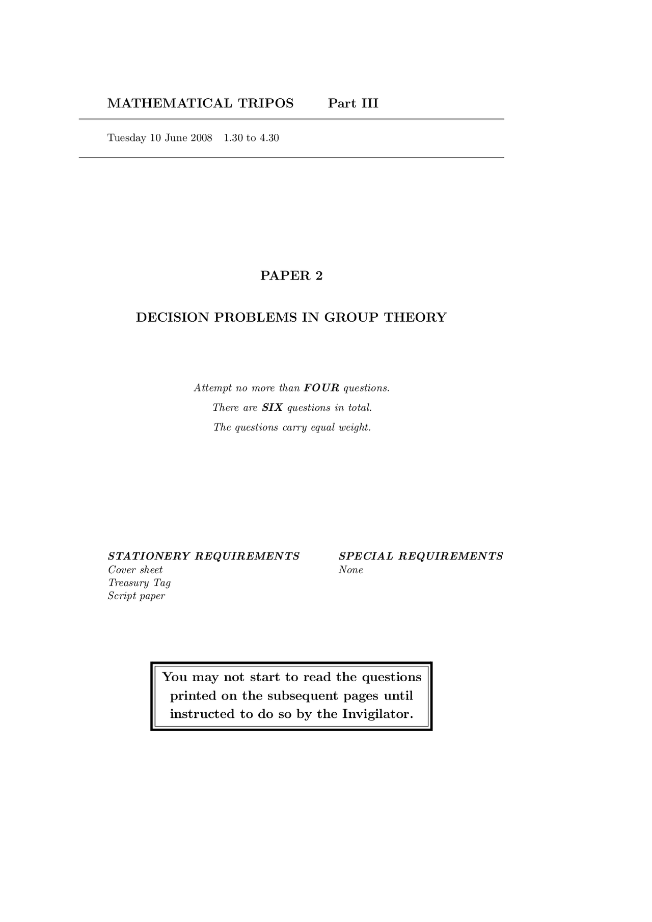 Decision Problems In Group Theory Mathematical Tripos Old Exam