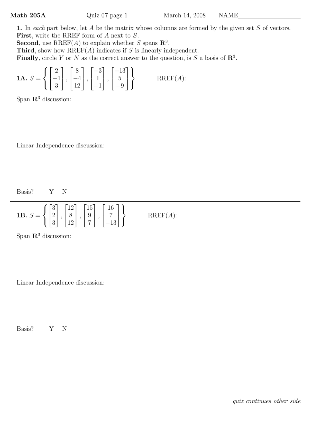 Circle - Linear Algebra - Quiz - Docsity