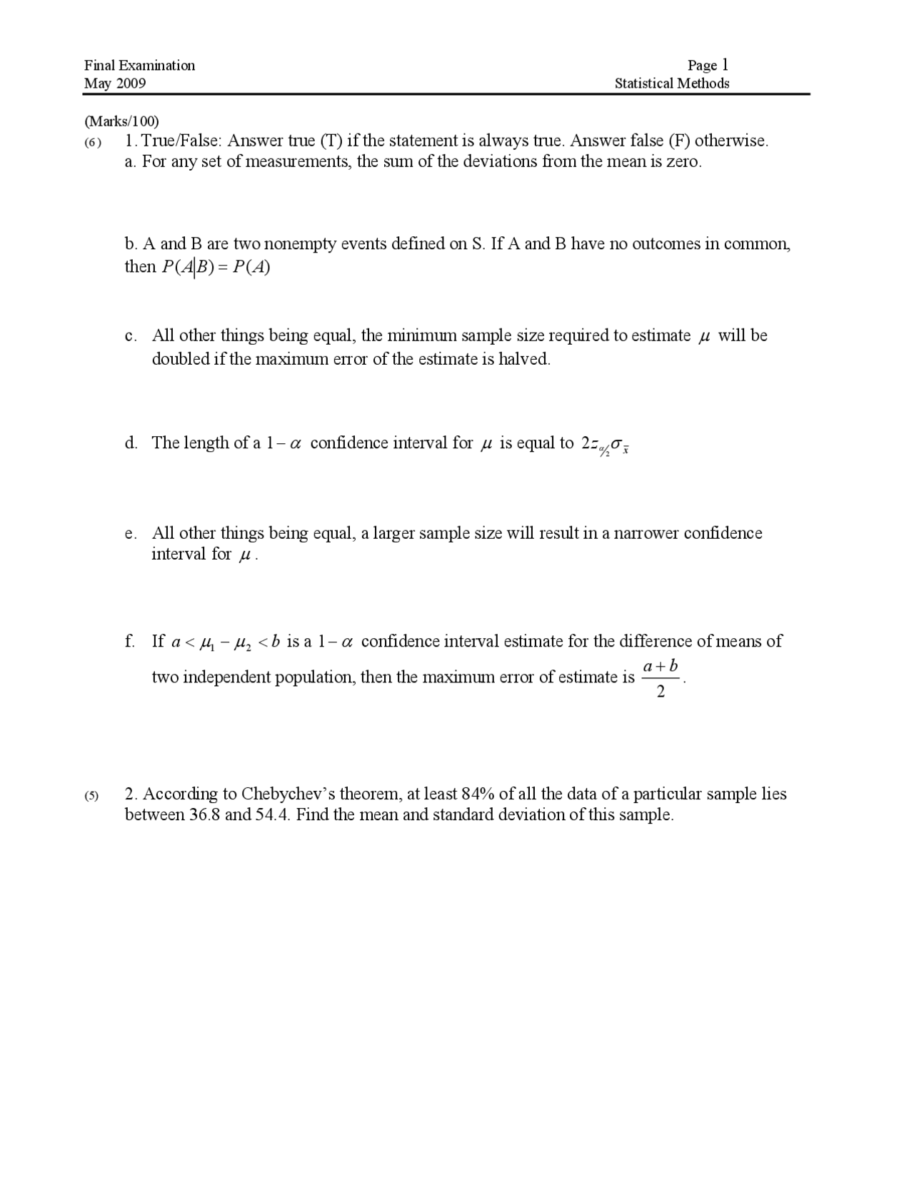 Minimum Statistical Methods Exam Docsity