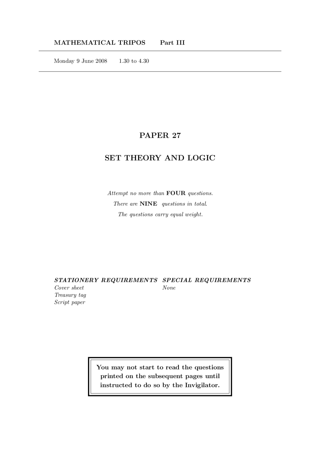 Set Theory And Logic Mathematical Tripos Old Exam Paper Docsity
