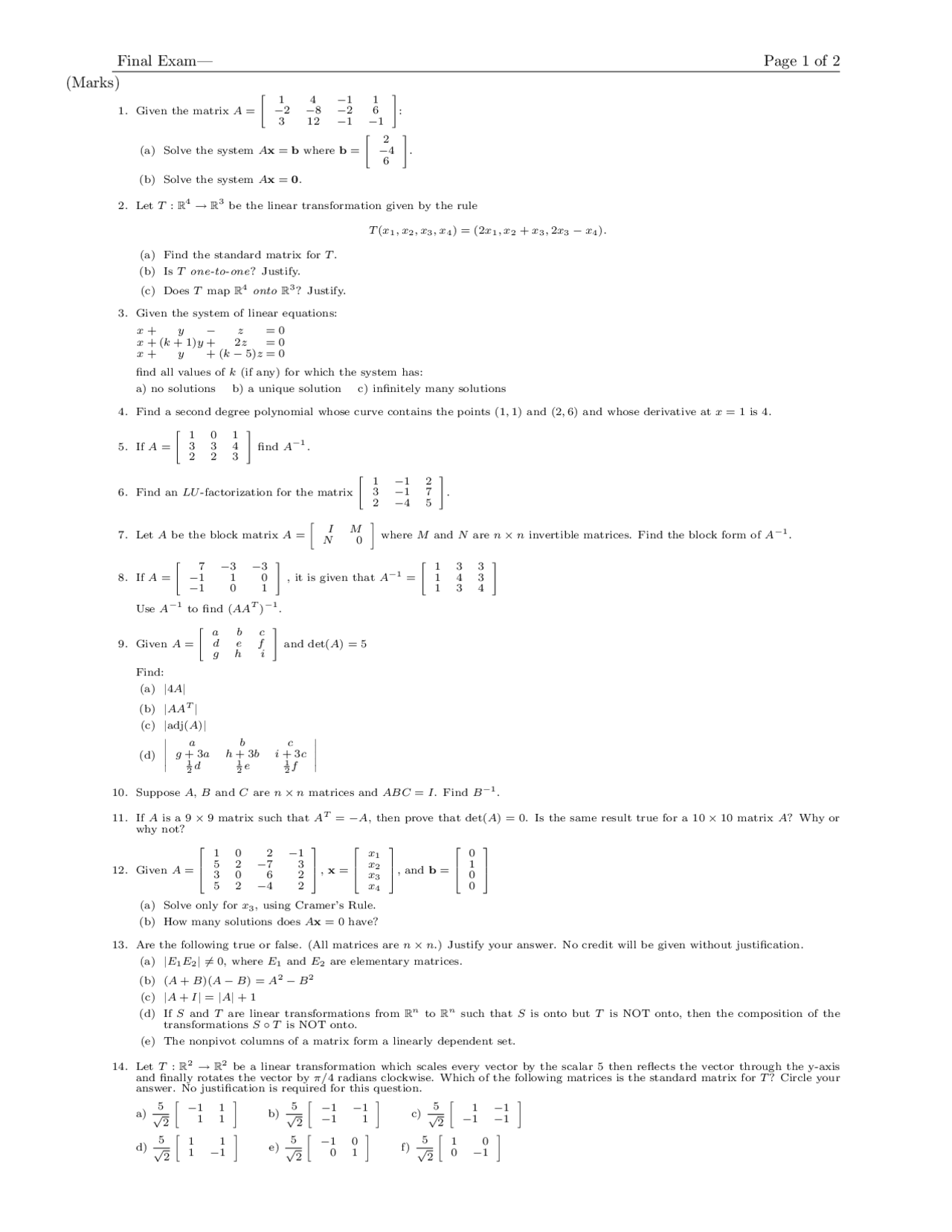 Linear Equations Linear Algebra For Arts And Sciences Exam Docsity