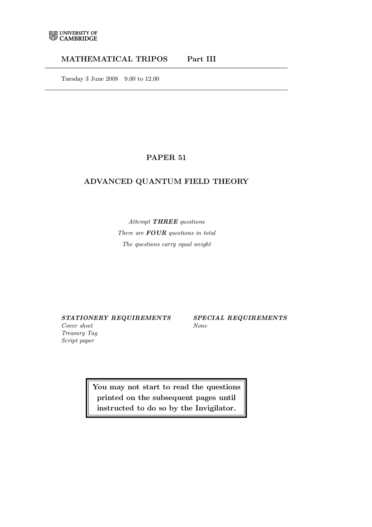 Advanced Quantum Field Theory Mathematical Tripos Old Exam Paper