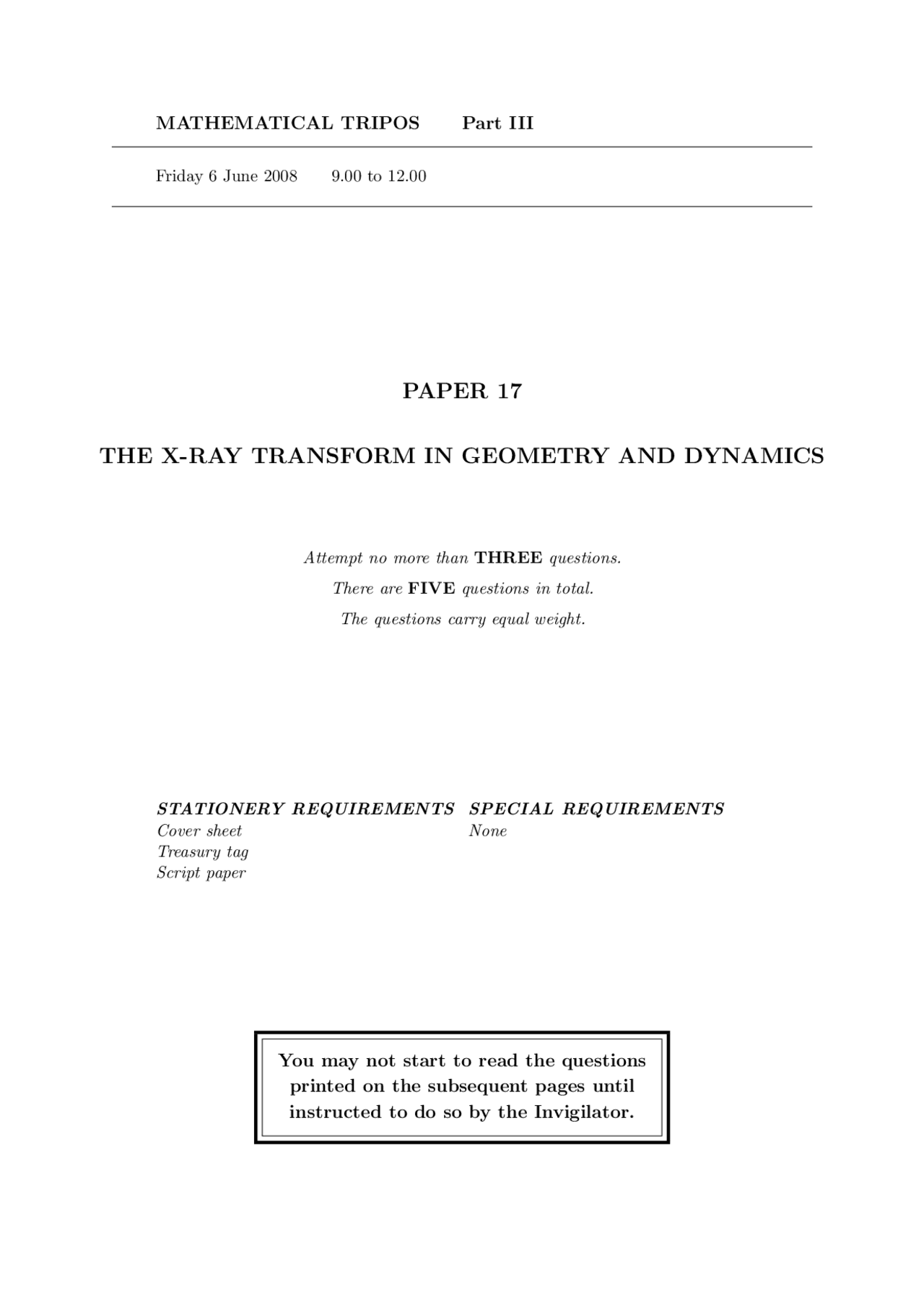 The X Ray Transform In Geometry And Dynamics Mathematical Tripos