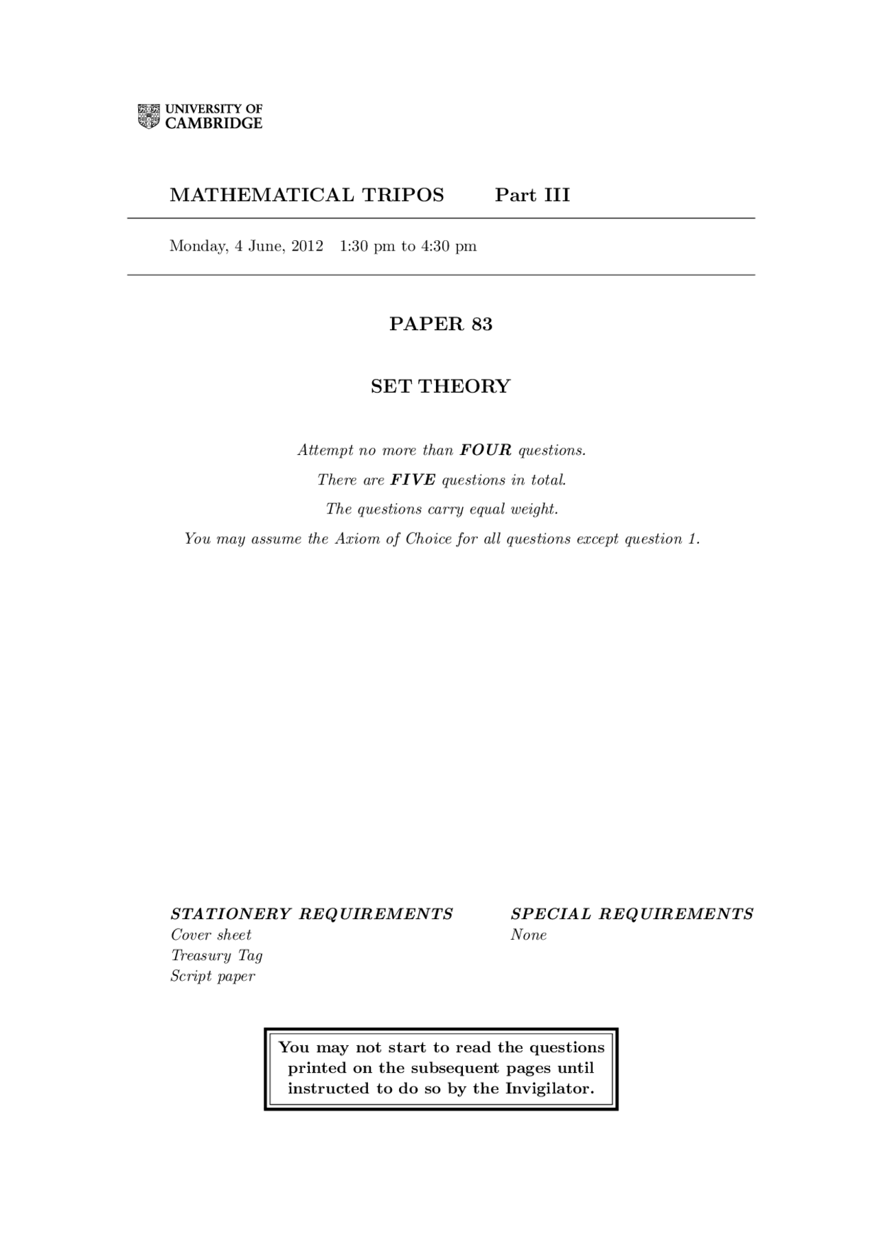 Set Theory Mathematical Tripos Paper Docsity