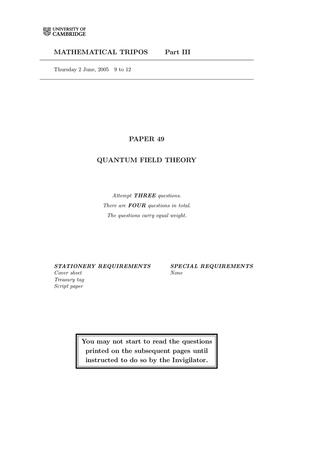 Quantum Field Theory Mathematical Tripos Past Exam Docsity