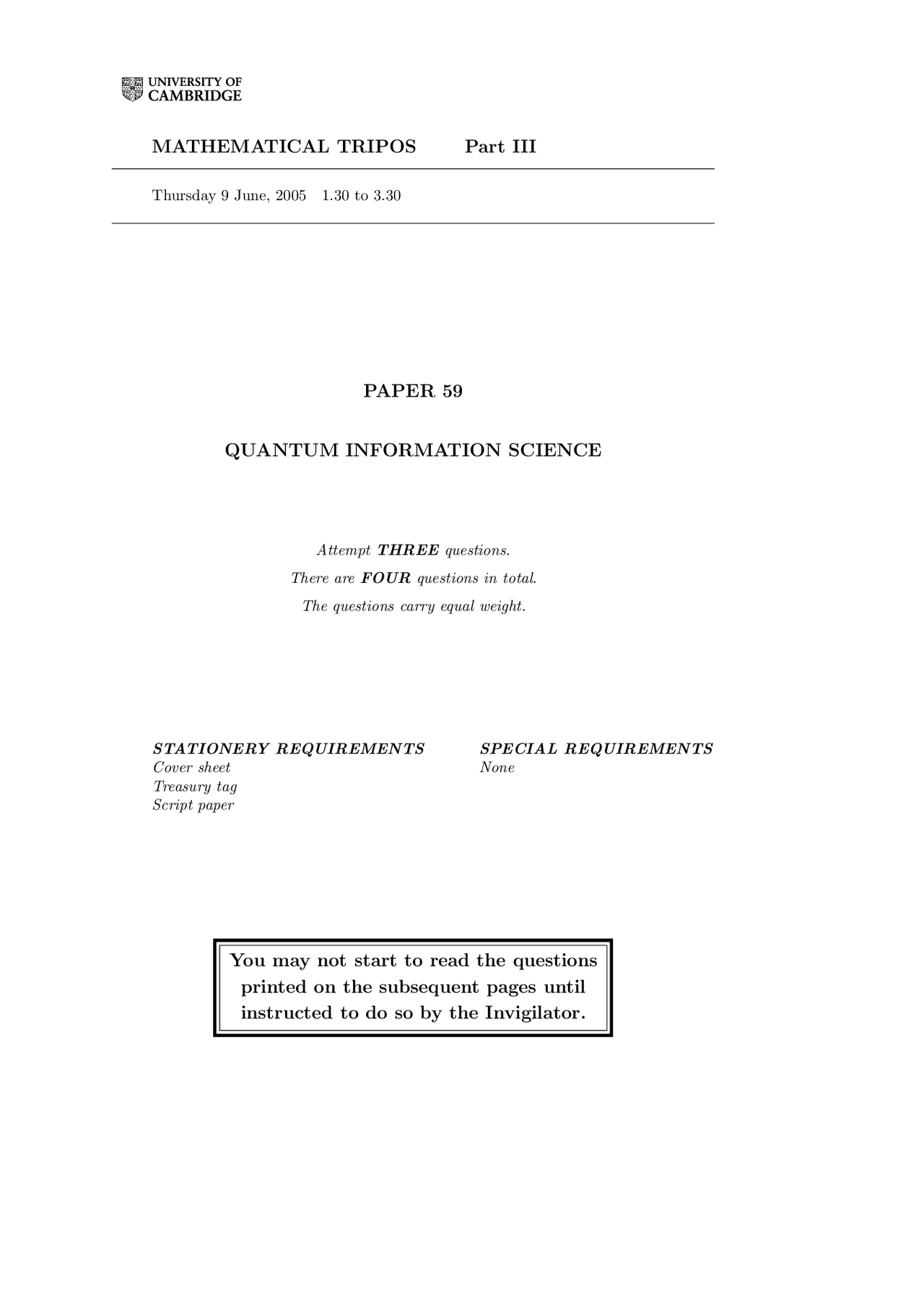 Quantum Information Science Mathematical Tripos Past Exam Docsity