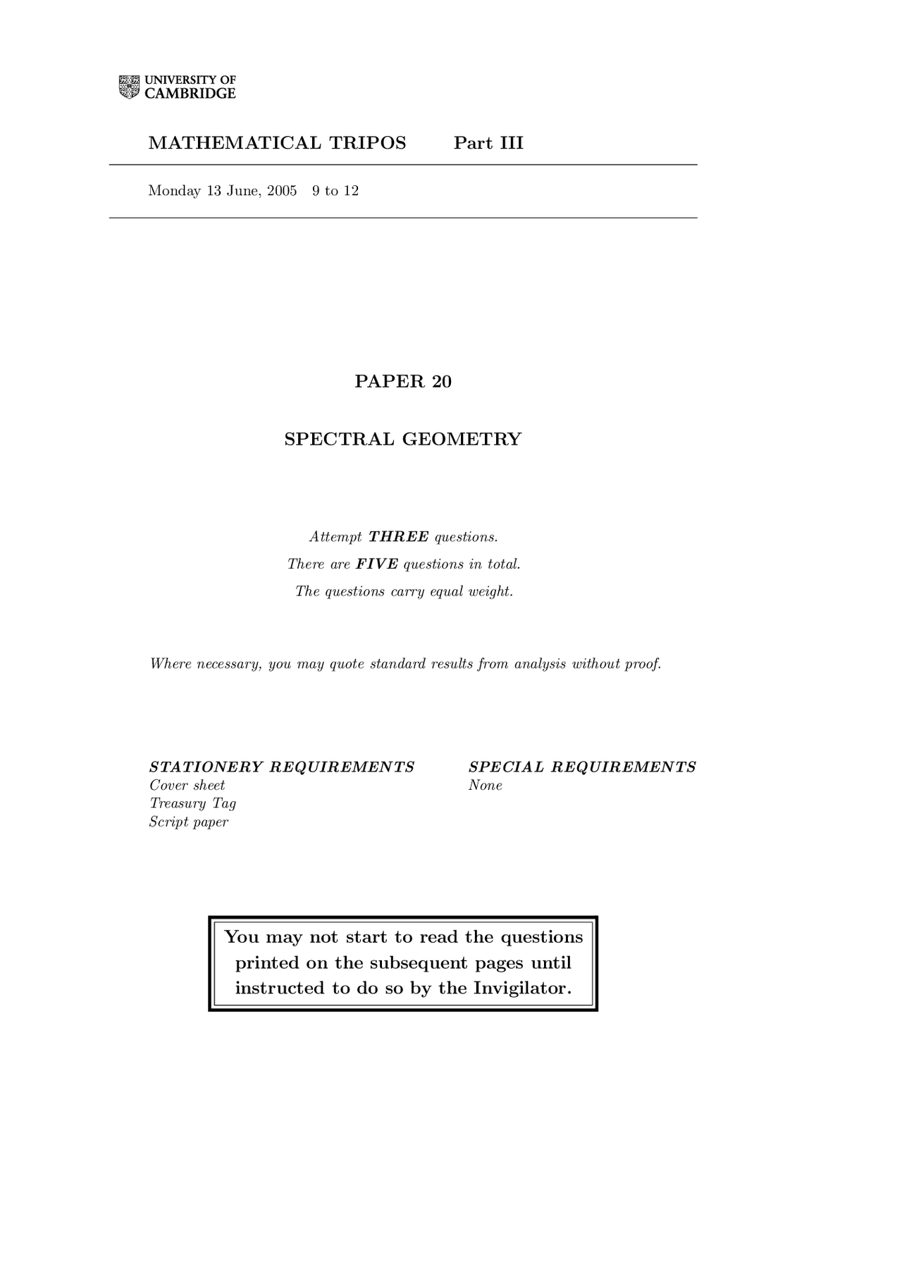 Spectral Geometry Mathematical Tripos Past Exam Docsity