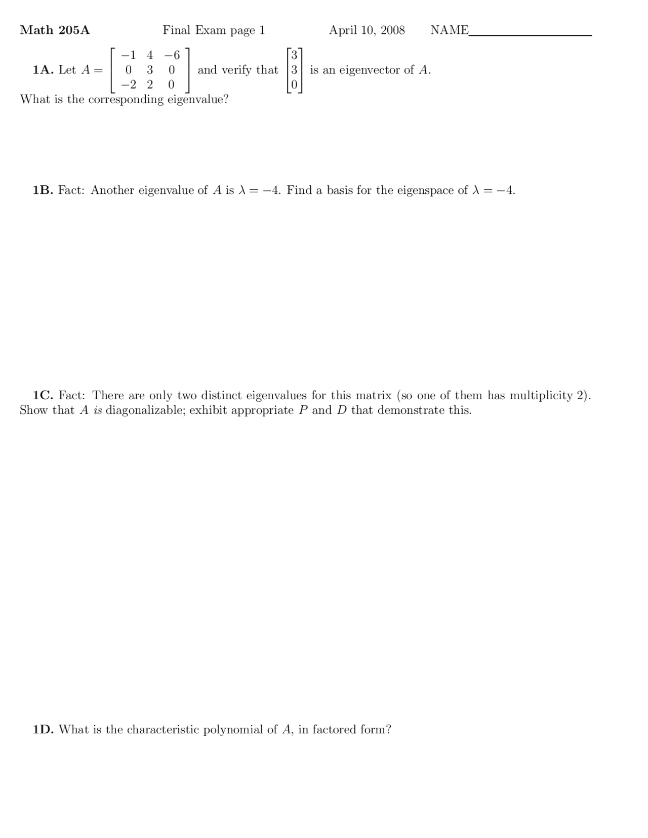 Corresponding Eigenvalue Linear Algebra Exam Docsity