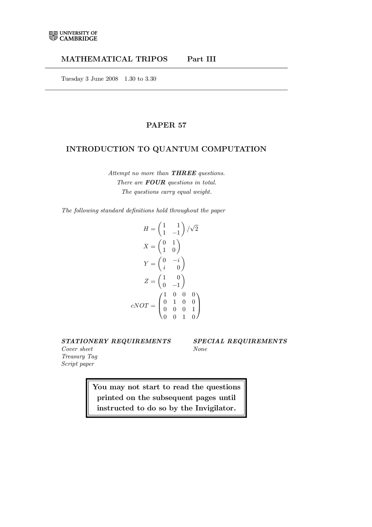 Introduction To Quantum Computation Mathematical Tripos Old Exam