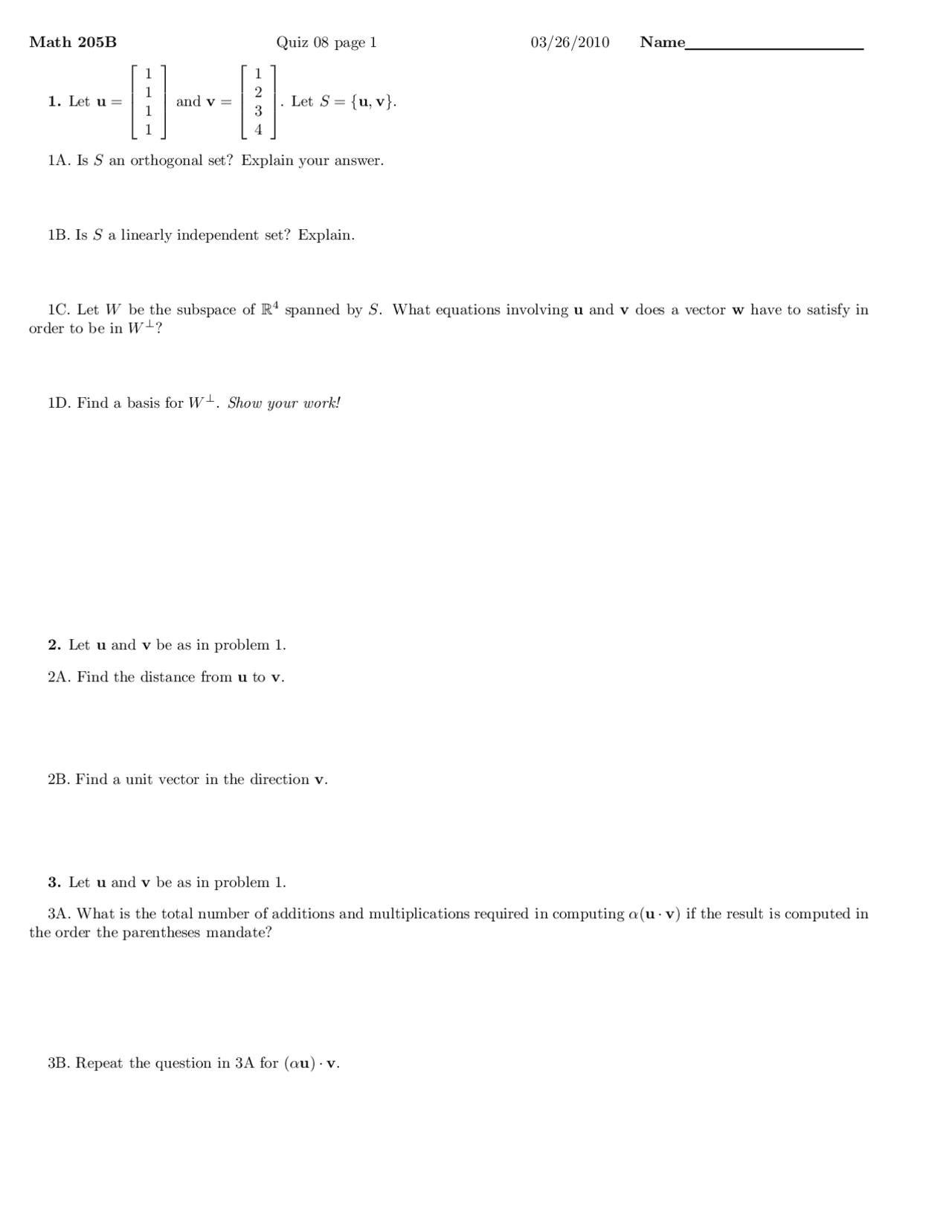 Linearly Independent Linear Algebra Quiz Docsity