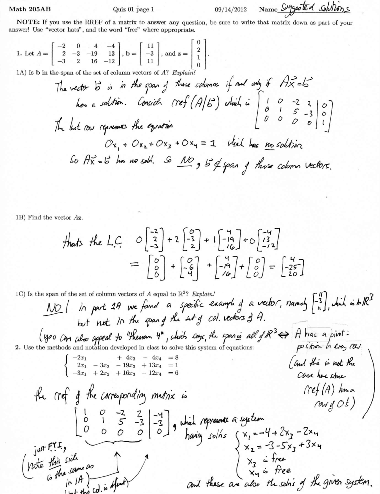 Set Of Column Linear Algebra Quiz Solution Docsity