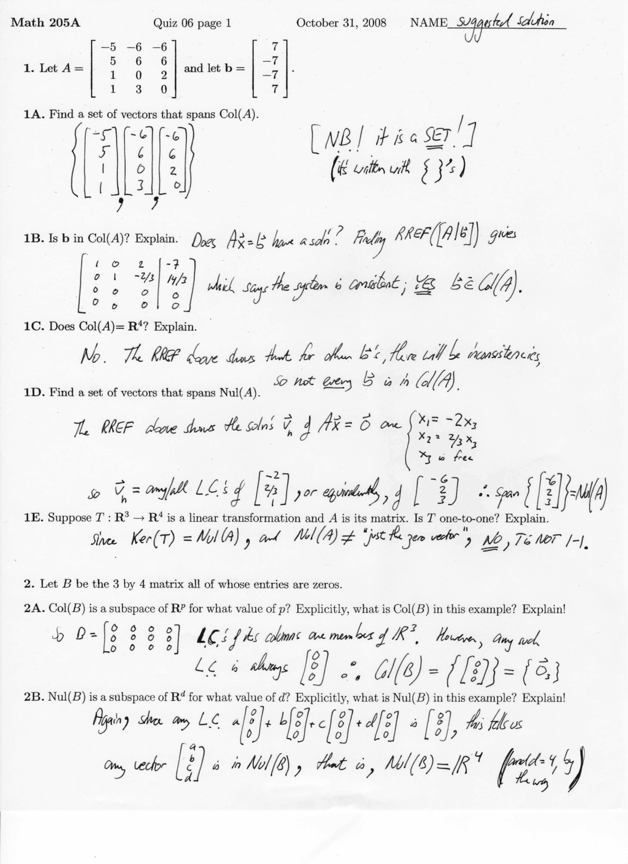 Set Of Vectors Linear Algebra Quiz Solution Docsity