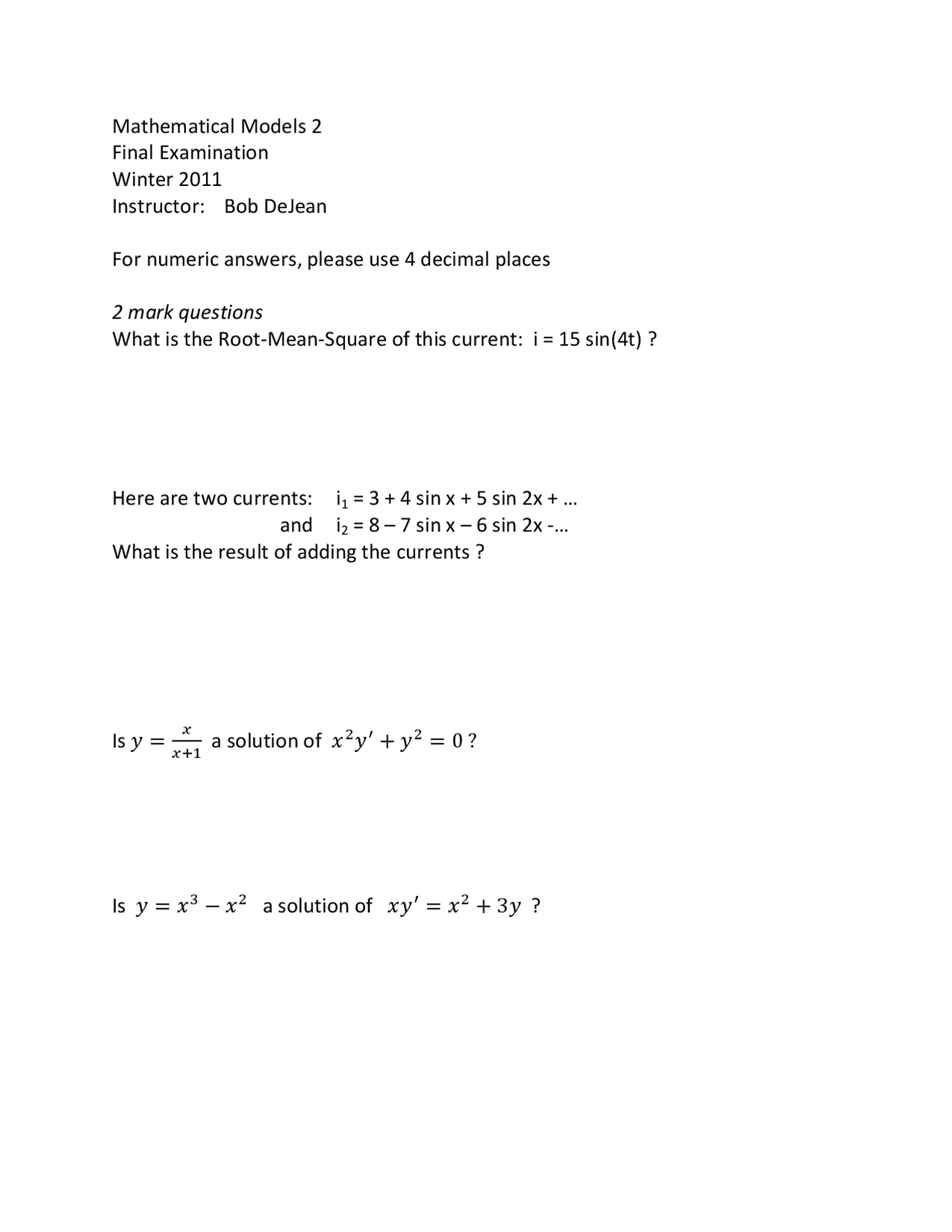 Adding - Mathematical Model - Exam - Docsity