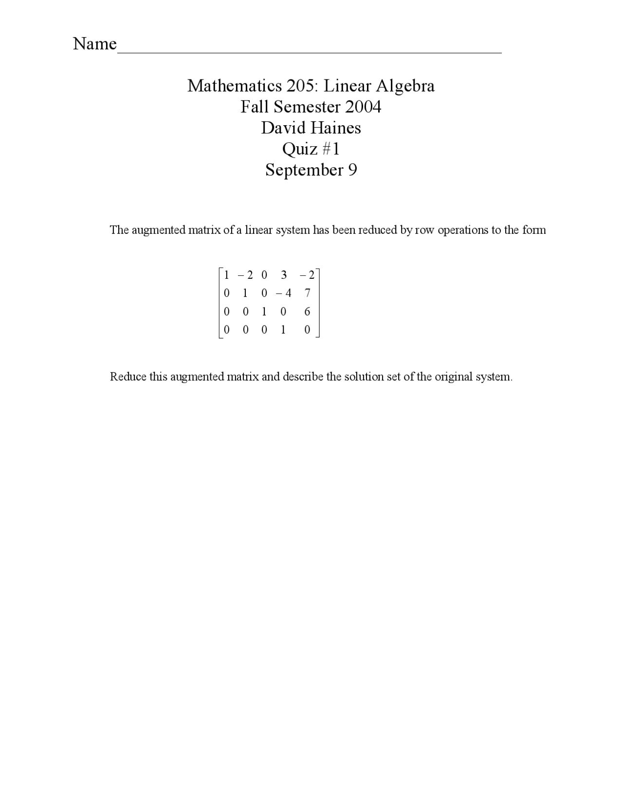 Linear System Linear Algebra Quiz Docsity