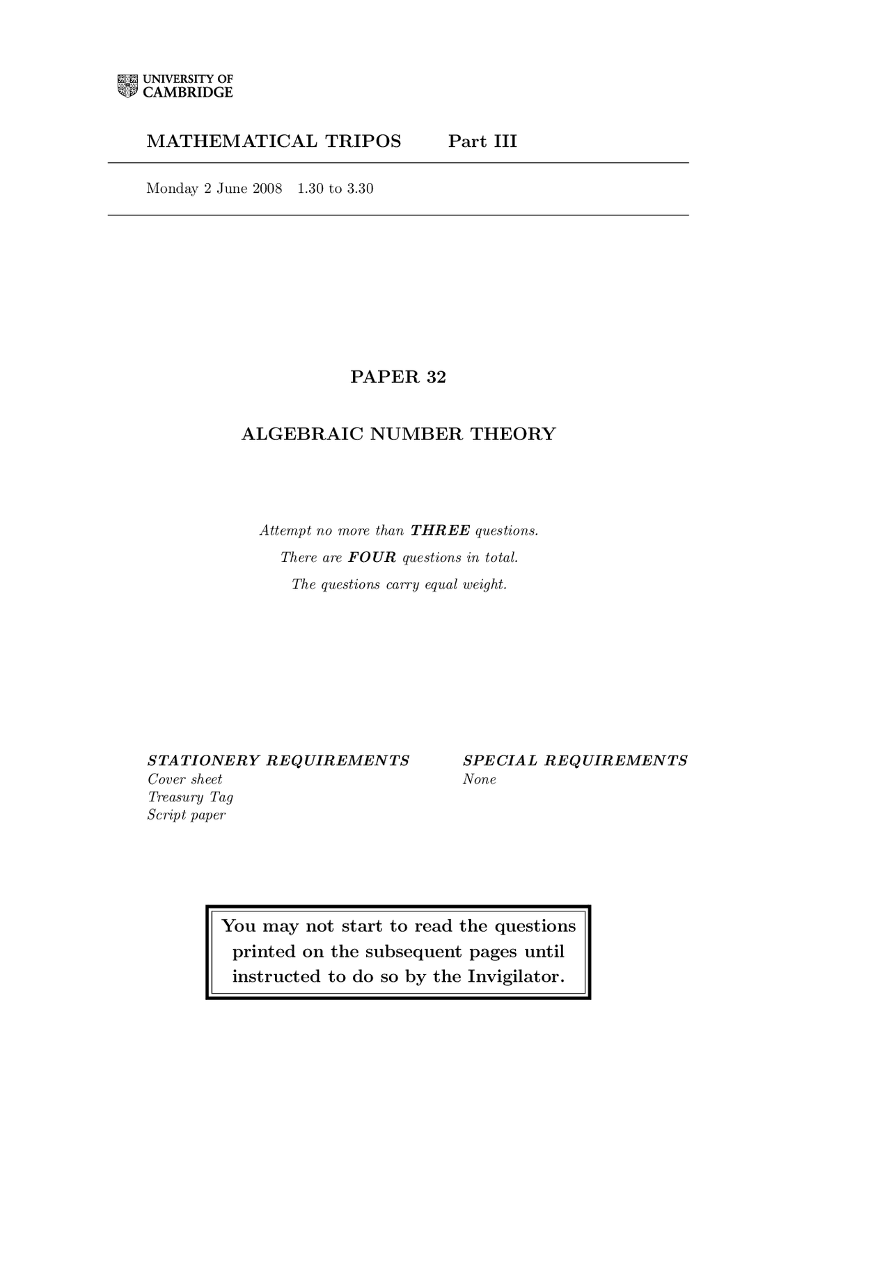 Algebraic Number Theory Mathematical Tripos Old Exam Paper Docsity