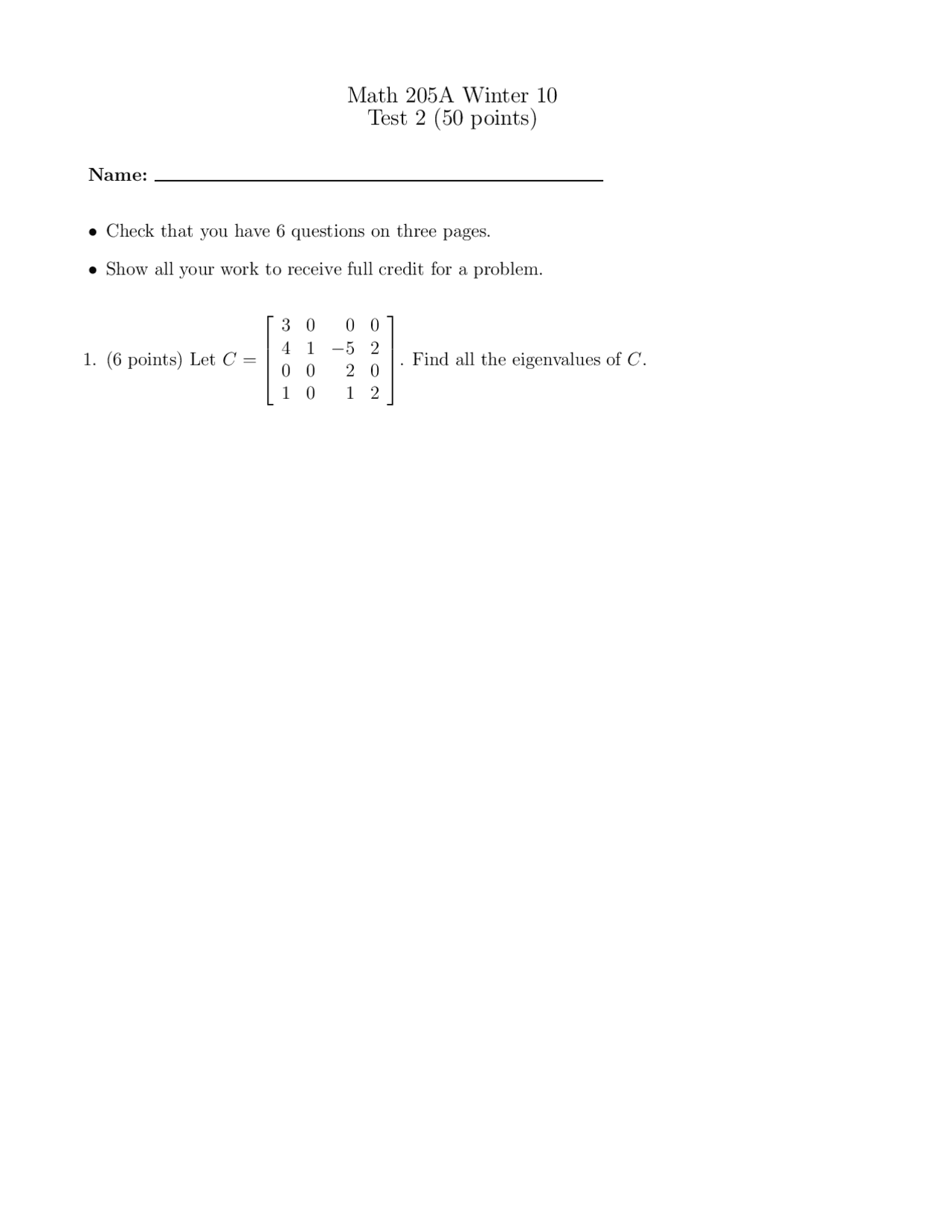 Eigenvalues Linear Algebra Exam Docsity