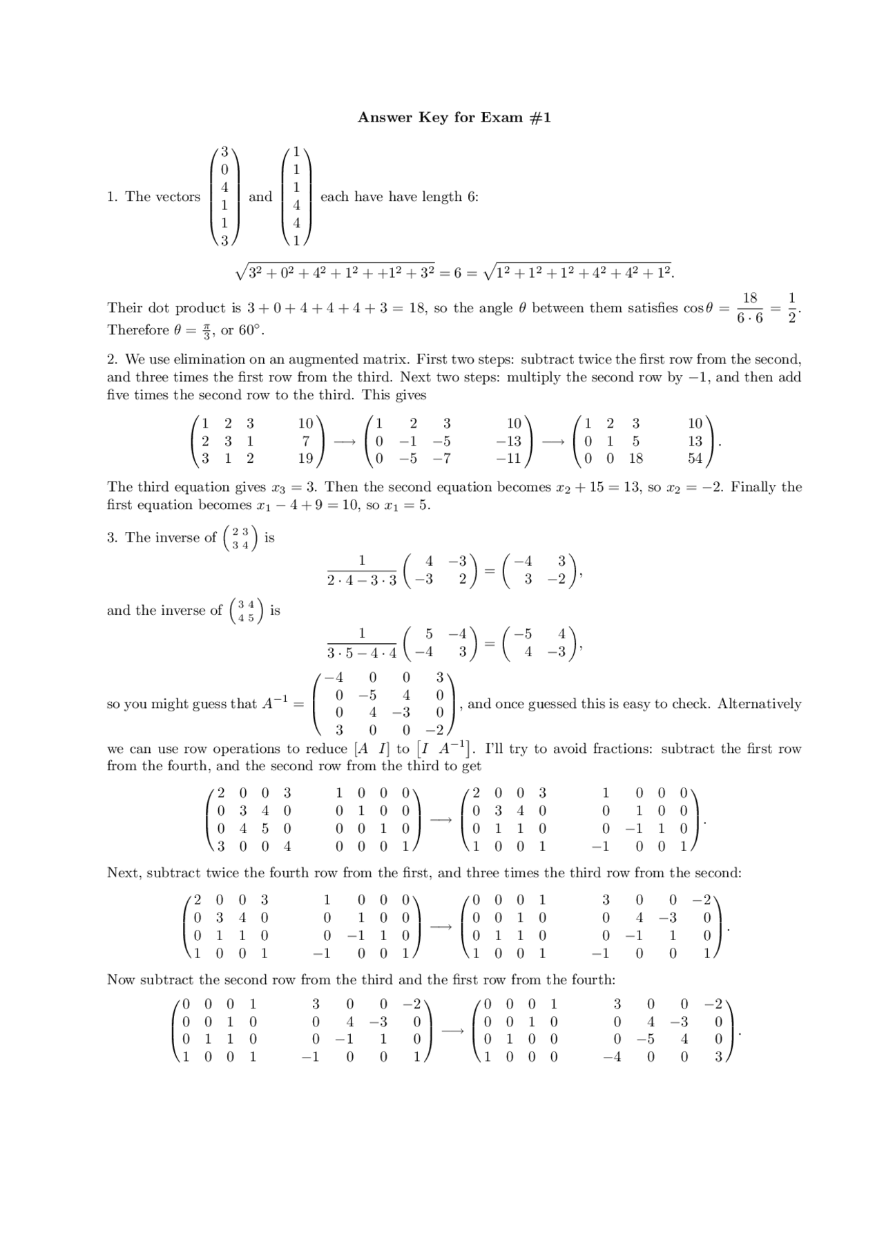 Vectors - Linear Algebra - Solved Exam - Docsity