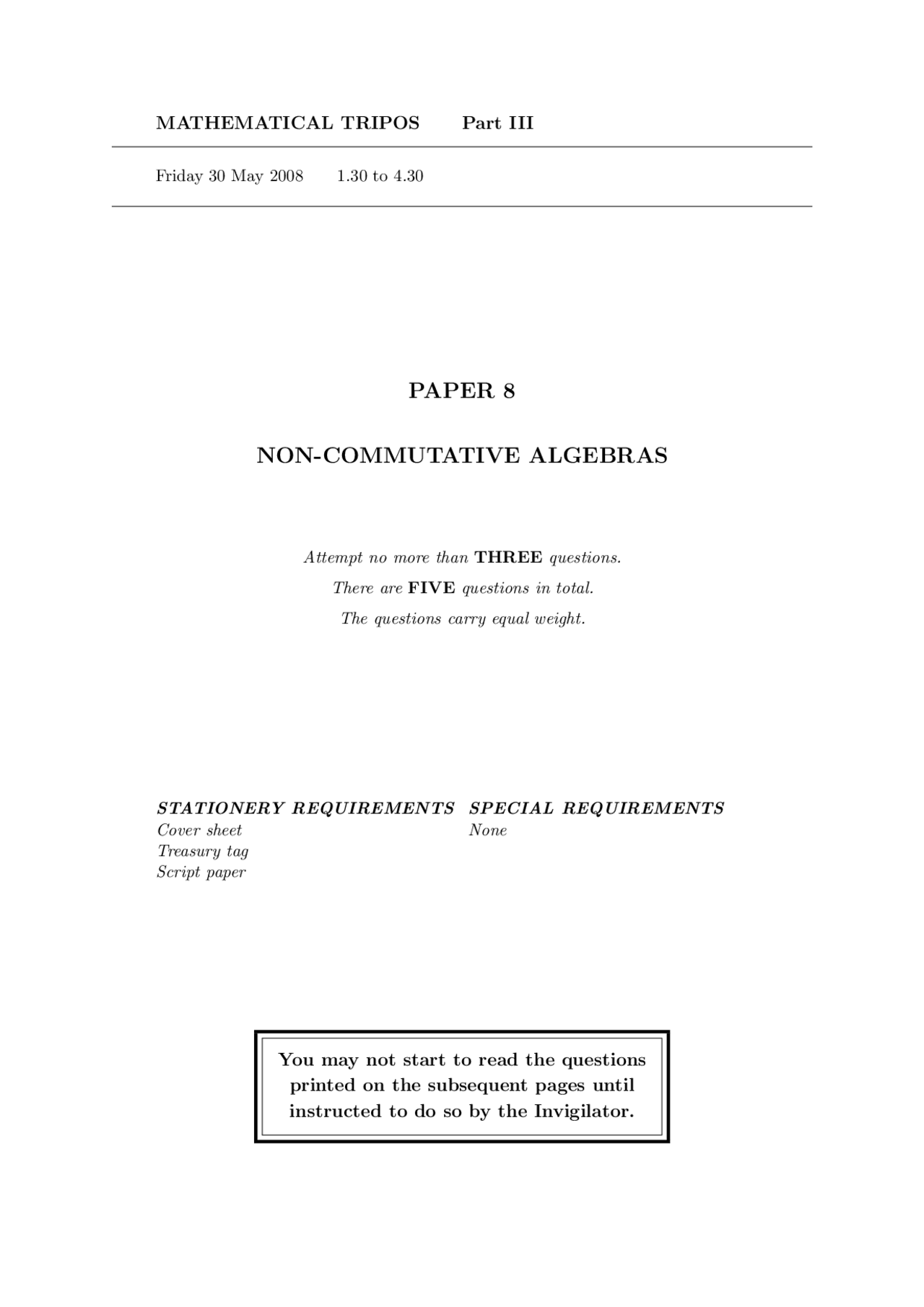 Math Tripos Part III Paper 8: Non-Commutative Algebras & Finitely ...