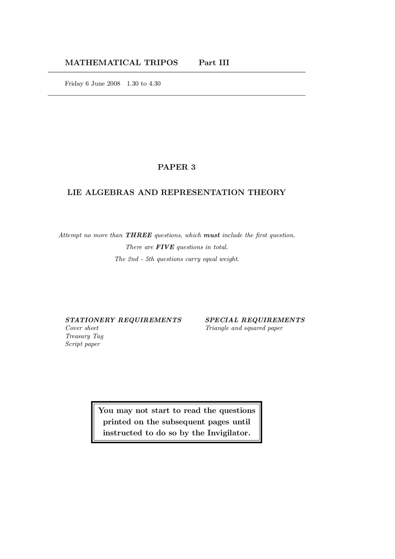 Lie Algebras and Representation Theory - Mathematical Tripos - Old Exam ...